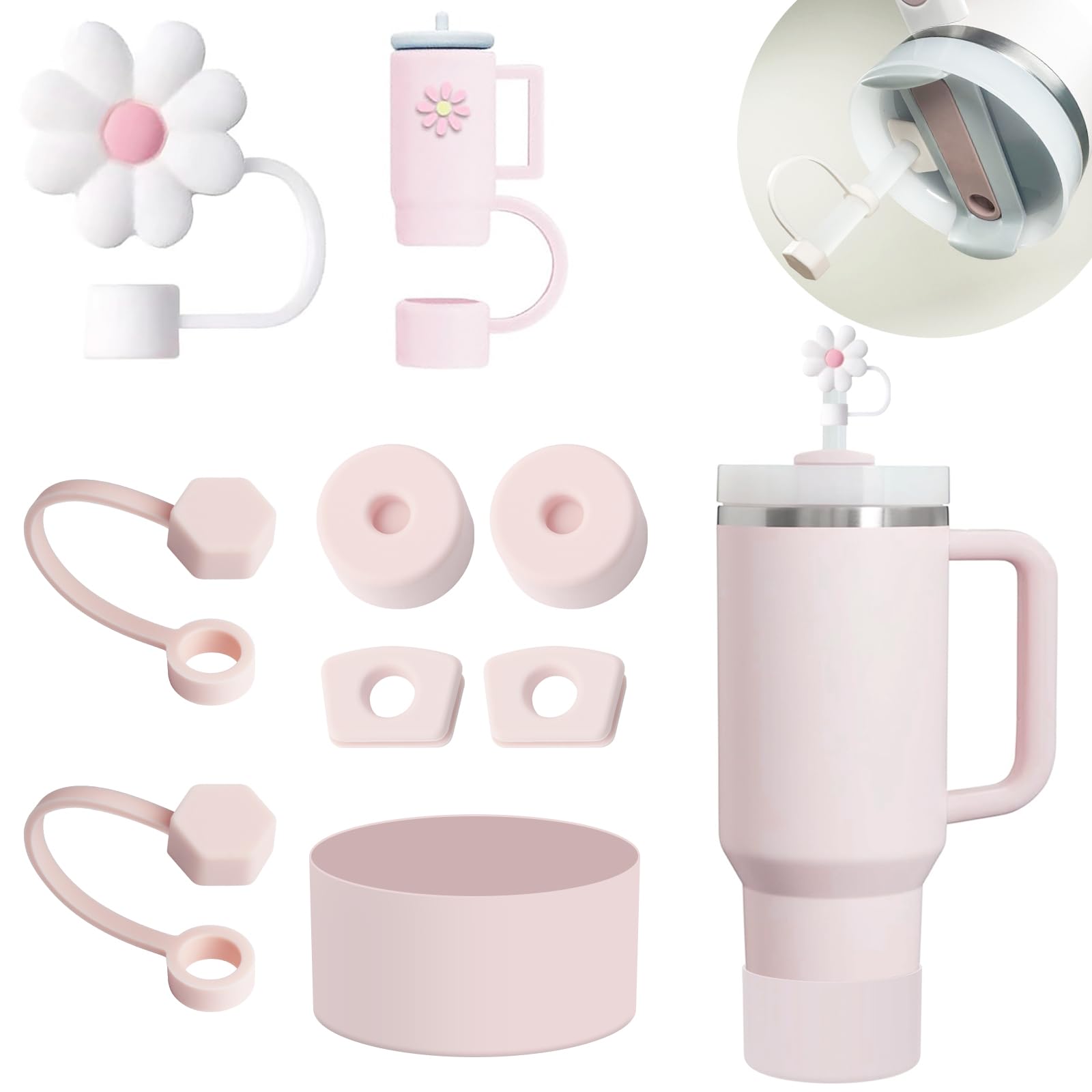Mefaster Stanley Cup Accessories Set Includs 6Pcs Silicone Spill Proof Stopper, 2Pcs Straw Cover Cap for 9-10 mm Straw, 1Pcs Silicone Boot for Stanley Cup 40oz&30oz Tumbler (Rose Quartz), standard