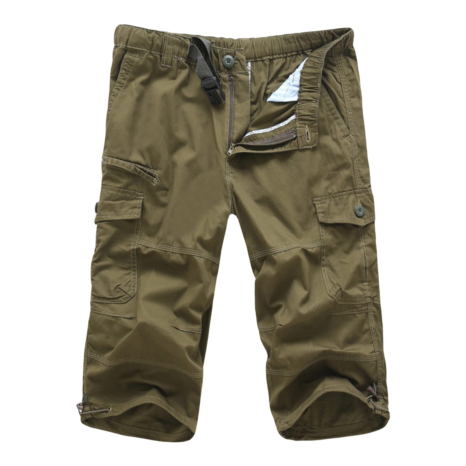 Men's Relaxed Fit 3/4 Cargo Shorts Twill Elastic Waist Multi Pocket Capri Pants Casual Loose Fit Below Knee Short (Yellow,Large)