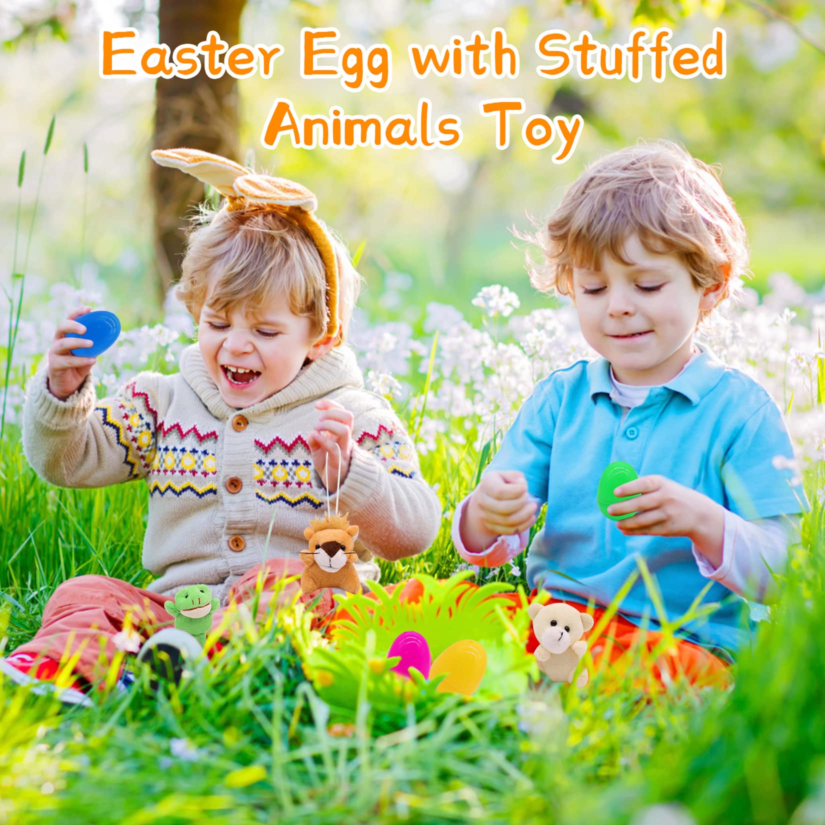 KOPHINYE Easter Eggs Filled with Mini Animal Plush Toy Set, 12 Pack Cute Stuffed Animal Keychain, Easter Basket Stuffed Animals for Easter Egg Hunt Party Supplies Favors, Easter Gifts for Kids
