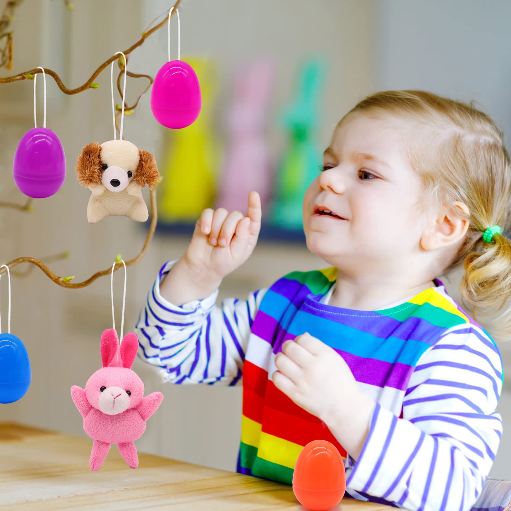 KOPHINYE Easter Eggs Filled with Mini Animal Plush Toy Set, 12 Pack Cute Stuffed Animal Keychain, Easter Basket Stuffed Animals for Easter Egg Hunt Party Supplies Favors, Easter Gifts for Kids