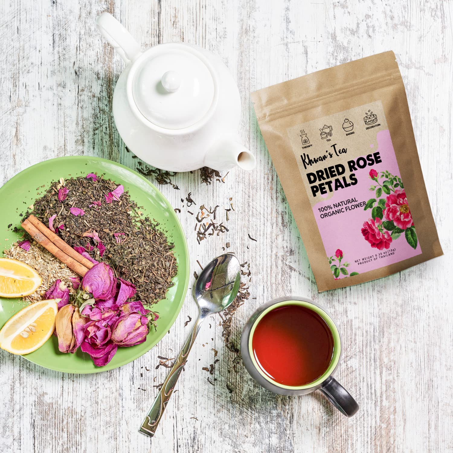 KHWAN'S TEA Premium Dried Rose Petals - Plant-based & Edible Flowers for Baking Decoration, Desserts, Syrup, DIY Crafts, Candle, Bath & Fragrant Soap - Herbal Tea, 0.35oz (10g)