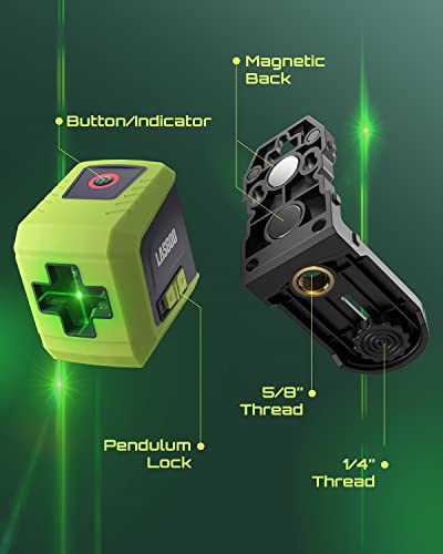 LASGOO Laser Level Self Leveling, Green Cross Laser Line with Vertical and Horizontal for Picture Hanging and Construction, Magnetic Rotating Stand and Portable Case Included, Green