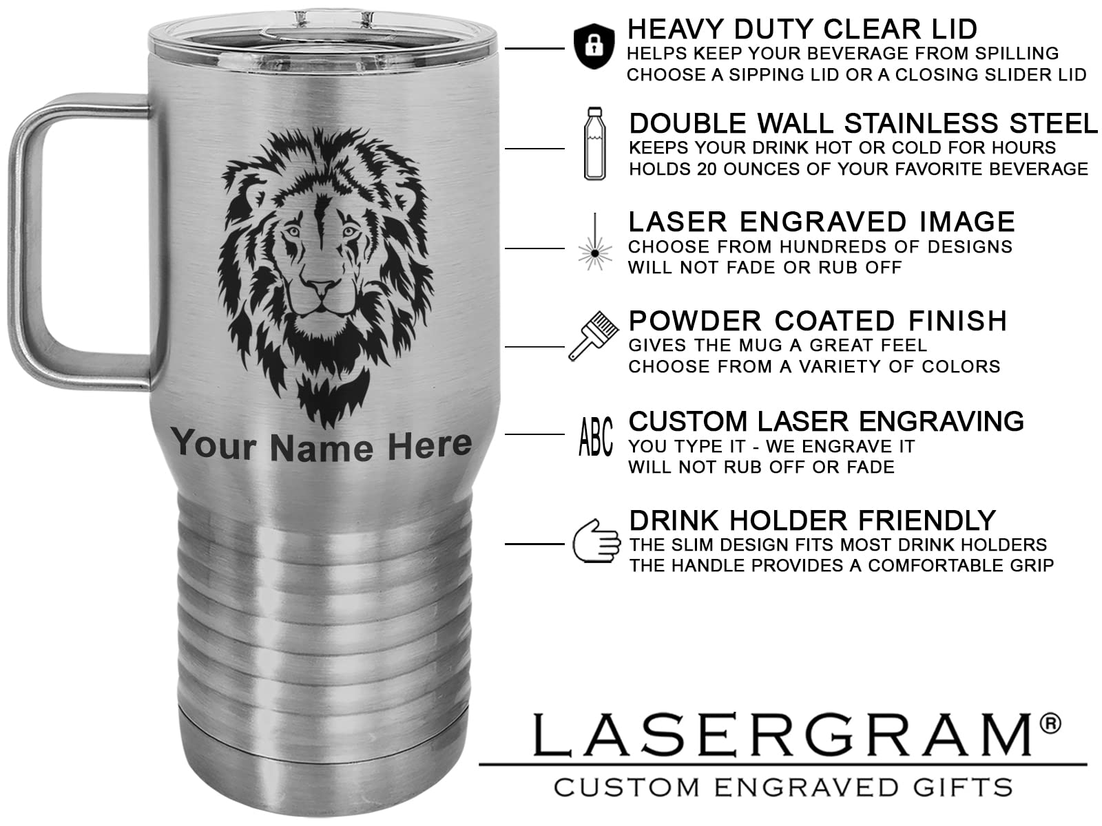LaserGram 20oz Vacuum Insulated Travel Mug with Handle, Coat of Arms Dominican Republic, Personalized Engraving Included (Stainless)