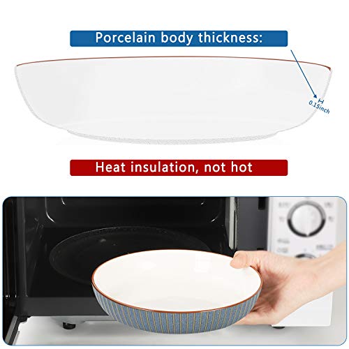 JDZTC Porcelain 26 Ounce Pasta Bowls Set of 4, 8 inch Wide and Shallow Salad Bowls, Serving Bowls, Microwave & Dishwasher Safe, Sturdy & Stackable, blue grey