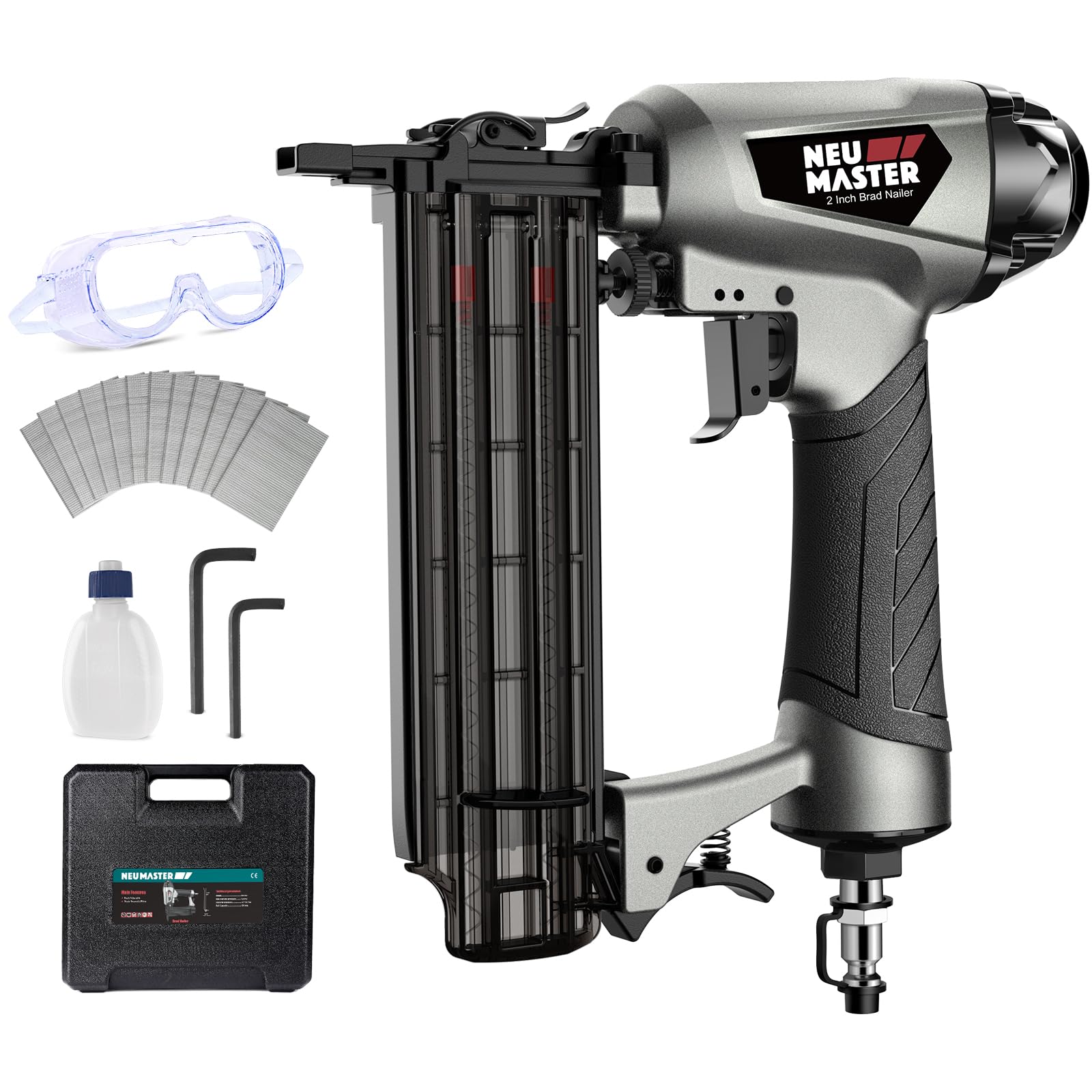 NEU MASTER Pneumatic Brad Nailer, 18 Gauge Nail Gun Fires 5/8-Inch to 2-Inch Brad Nails with Carrying Case, Safety Glasses, 800pcs Nails
