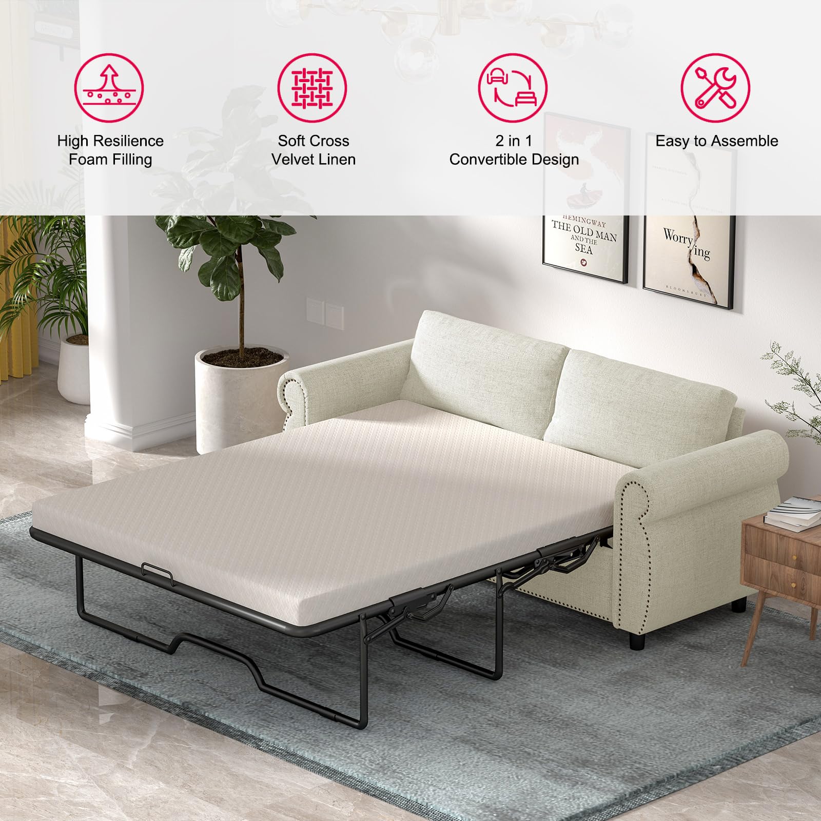MUZZ Pull Out Sofa Bed, Full Sleeper Sofa Couch with 4" Thick Memory Foam Mattress, Modern Linen Sectional Loveseat with Rivet Decoration, Pull Out Couch for Living Room,Office(Grey,Full)