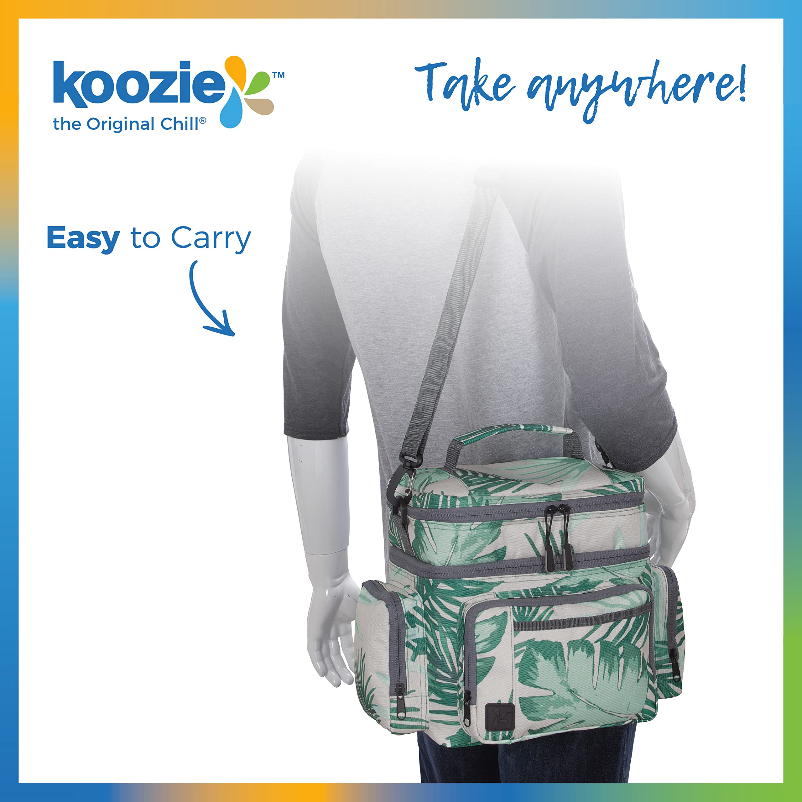 KOOZIE Dual Compartment Cooler Lunch Bag for Women - Large Double Decker Insulated Lunch Box with Removable Shoulder Strap - Resuable Lunch Tote for Work, Travel, Beach, Picnic (Tropical)