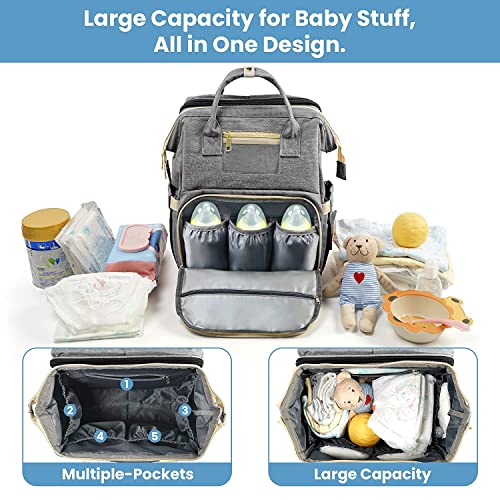 Kompoll Unisex Diaper Bag Backpack, Grey, Large Capacity, Waterproof, Padded Shoulder Straps, Reinforced Zippers, 5 Pockets with Insulated Function, Suitable for 0-24 Months