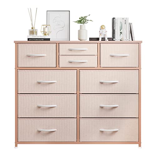 LUMTOK 10-Drawer Dresser, Fabric Storage Dressers Drawers for Bedroom, Hallway, Nursery, Closets, Steel Frame, Wood Top, Easy Pull Handle (Rose Gold)