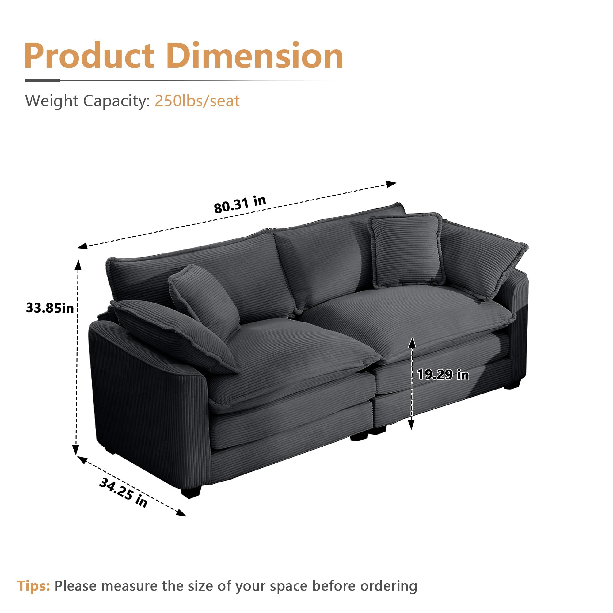 mikibama Luxury Modular Sectional Sofa, 80 Inch Modern Corduroy Comfy Cloud Couches for Living Room Office, Loveseat Deep Sofa with 2 Armrest Pillows and 2 Toss Pillows, Grey