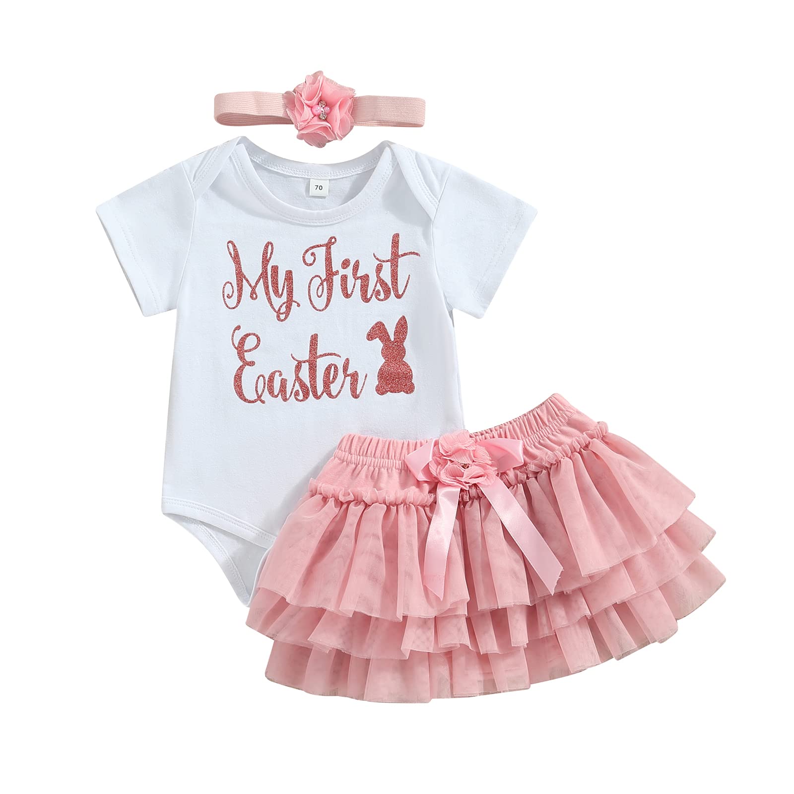 Newborn Infant Baby Girl Easter Outfit My 1st Easter Short Sleeve Romper Bodysuit and Tulle Tutu Skirt 0-18M (Pink, 3-6 Months)