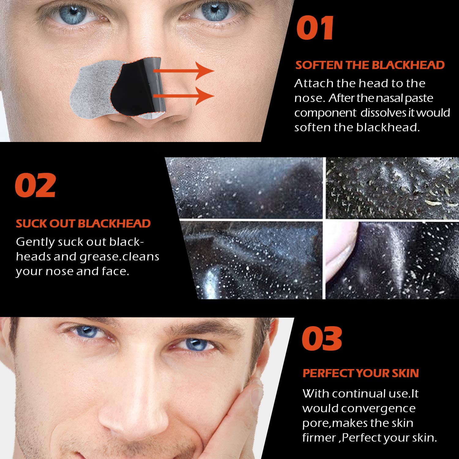 Men Blackhead Pore Strips - 70 Strips - Deep Cleansing - Face Nose Pores - Blackheads Removal - Large Size For Nose+Face