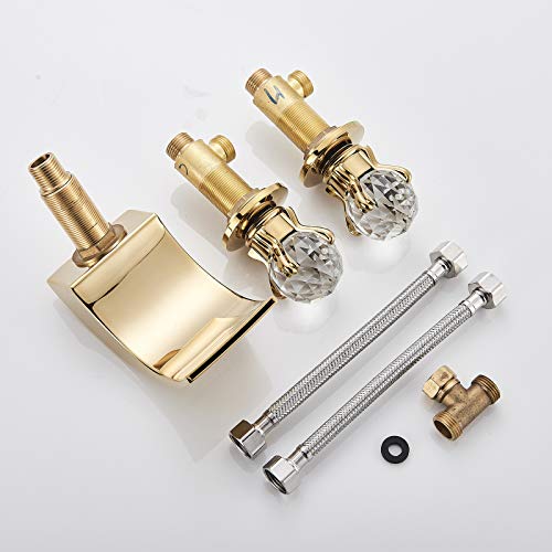NeierThodore LED Widespread Bathroom Faucet Waterfall Gold Polished Lavatory Faucets Basin Mixer Tap 2 Crystal Knobs 3 Holes