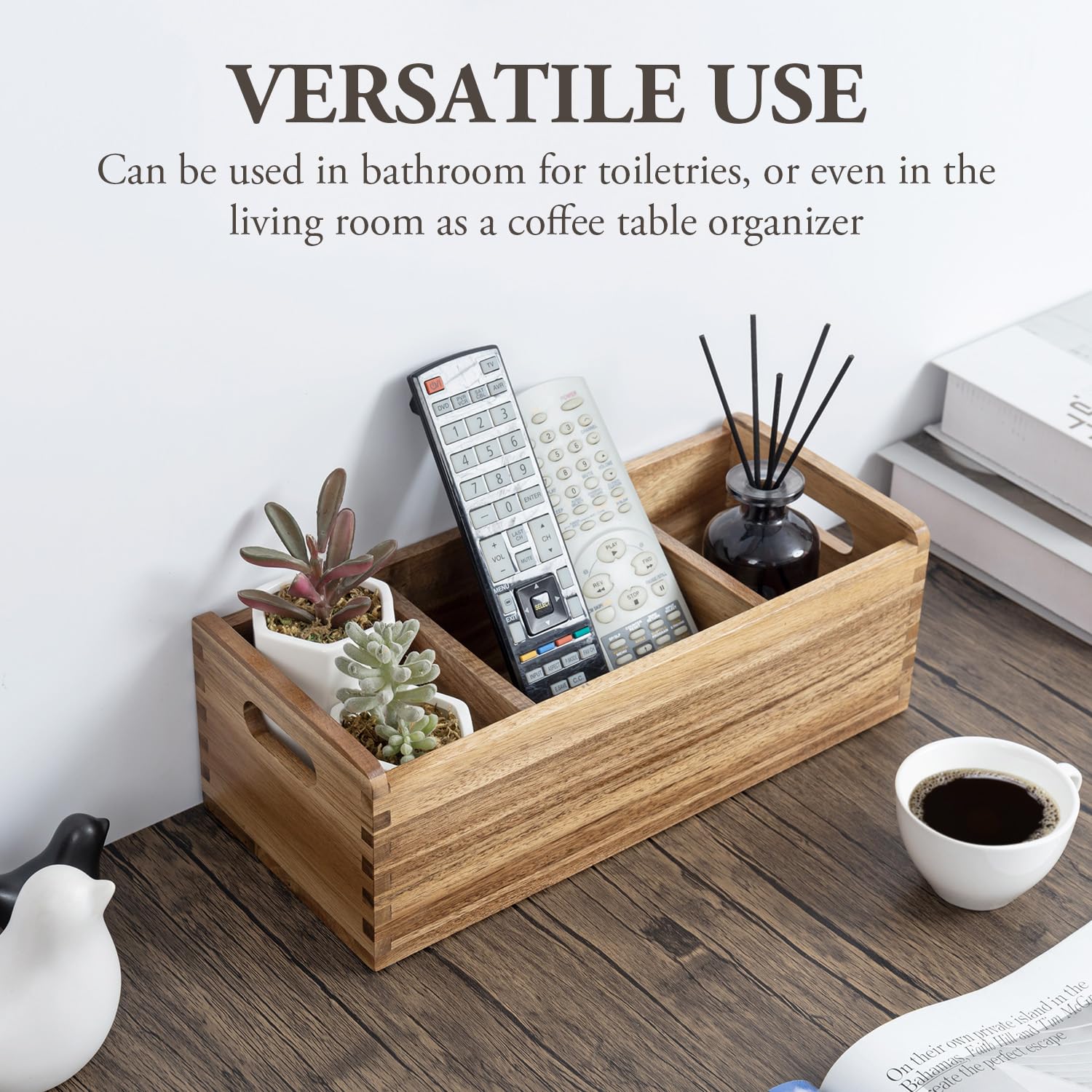 MyGift Modern Bathroom Caddy Rustic Natural Solid Acacia Wood Toiletries Storage Bin and Toilet Paper Roll Holder, Dresser or Vanity Countertop Organizer Basket