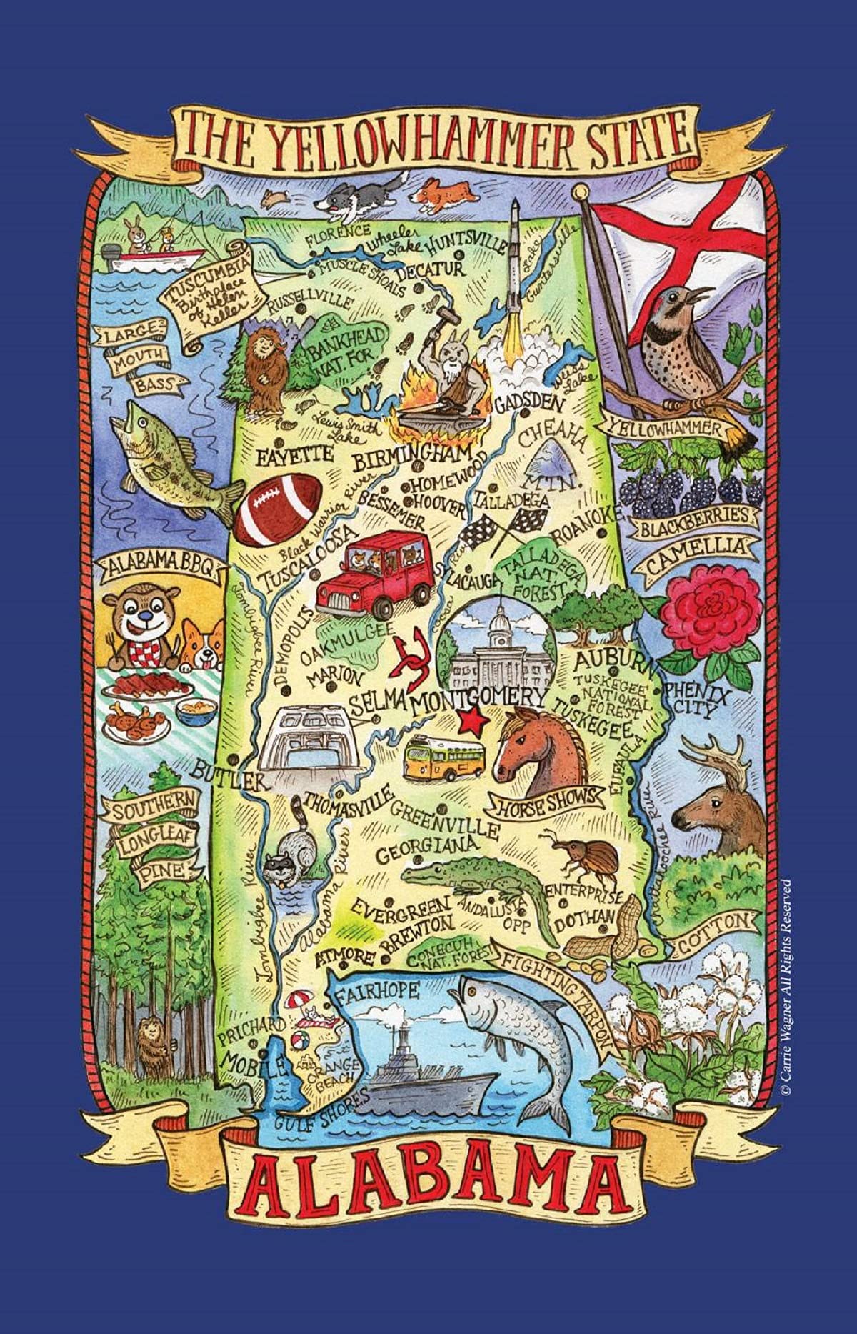 Kay Dee Alabama Tea Towel Adventure Destinations Vacation Souvenir Pictorial Poster Style Map Kitchen Towel, Multicolor, 18 in x 28 in