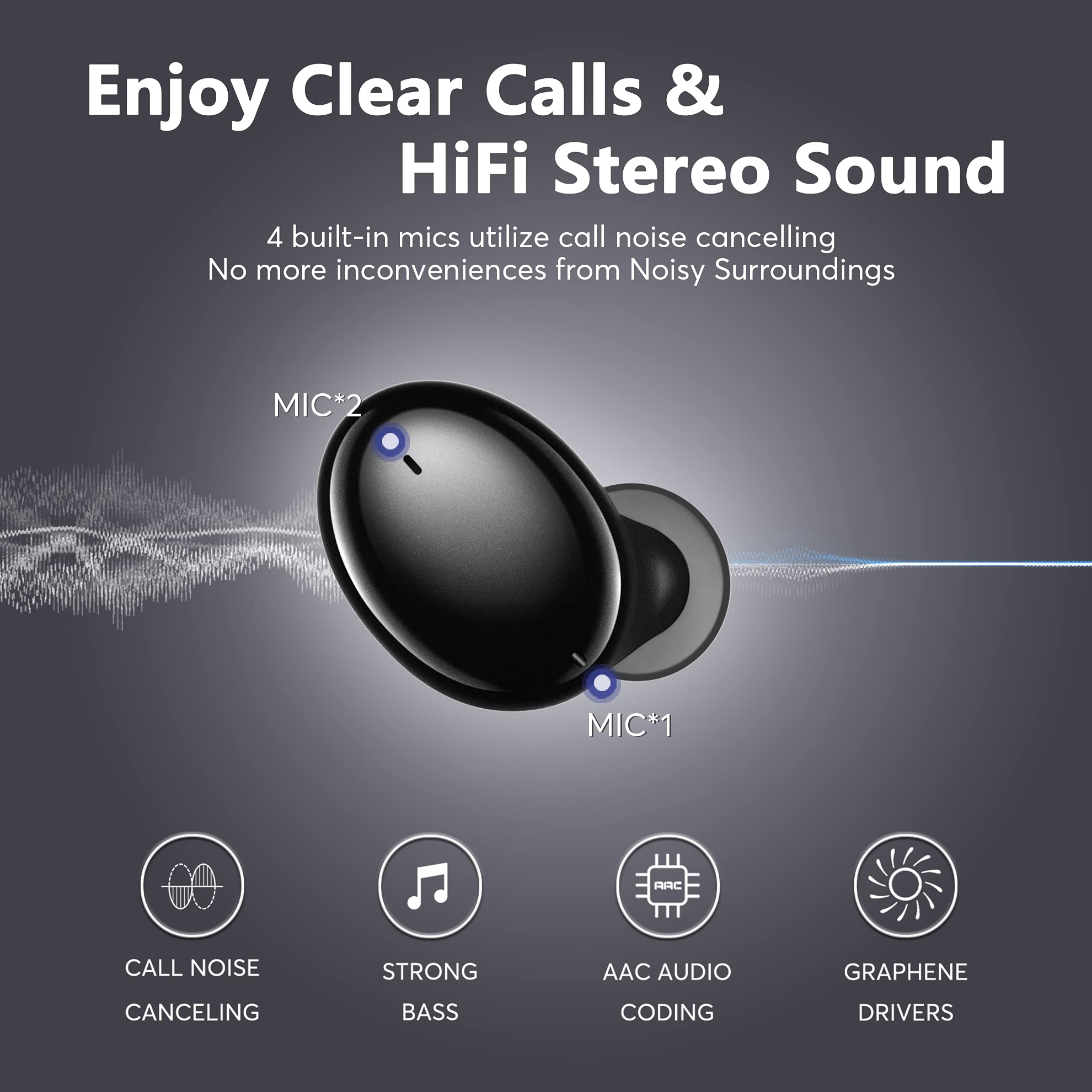 Losei D73 Wireless Earbuds with 4 Mics Clear Call & Wireless Charging Case, IPX7 Waterproof Bluetooth Headphones & 30Hrs Playtime Headset, in-Ear Stereo Mini Cordless Earphones for iPhone/Android