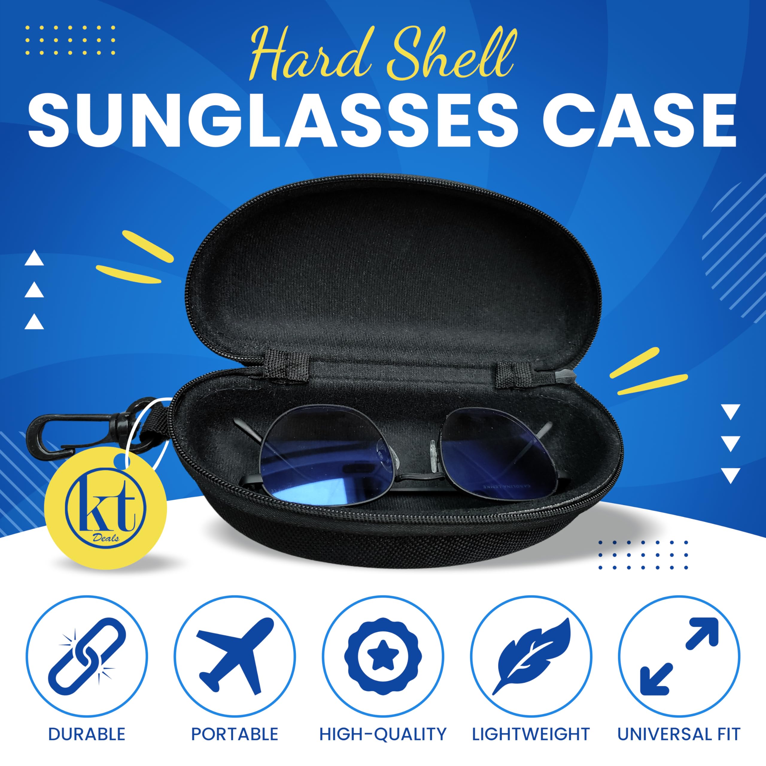 KT Deals Zipper Hard Shell Sunglasses Case and Eyeglasses Case Portable Travel Glasses Case with Plastic Hook, One Size - fit most, Black