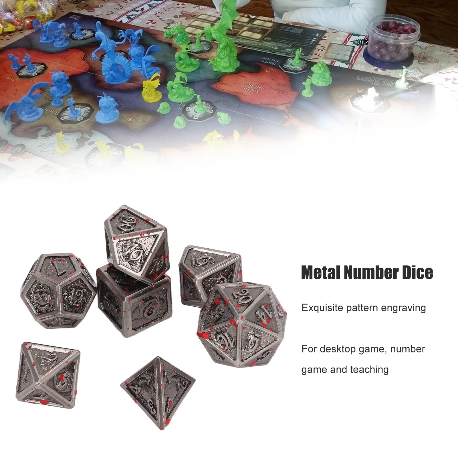 KLEOAD 7PCS Polyhedra Metal Dices Multiple Sides Engraving Number Pattern Dice Set for Table Game, Polyhedral Dice Set, Metal Dice Set for Role Playing Table Games(Electroplated Red Spots)
