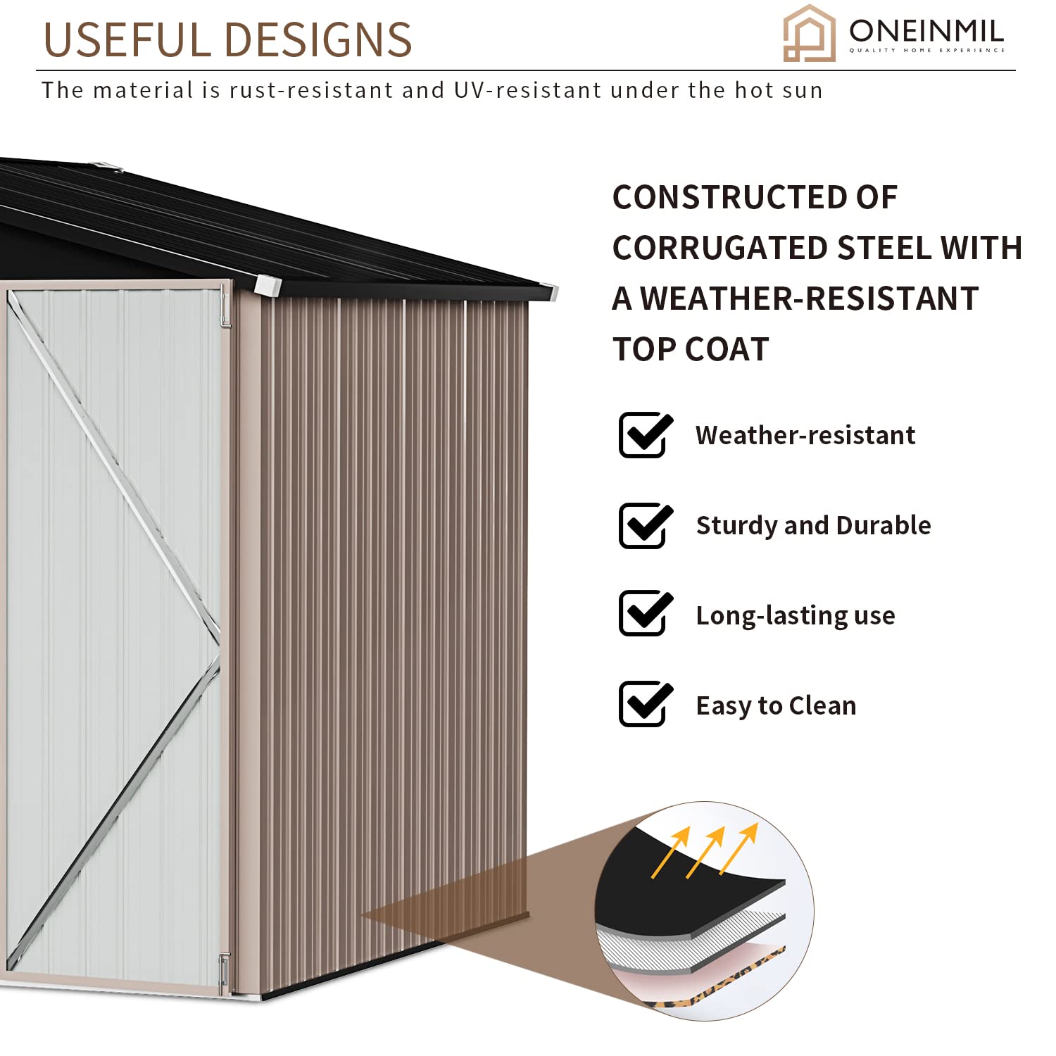 Oneinmil Outdoor Storage Shed 8x6 FT, Metal Tool Shed with Lockable Door, Metal Shed Garbage Can, Storage House for Backyard, Garden, Patio, Lawn, Brown