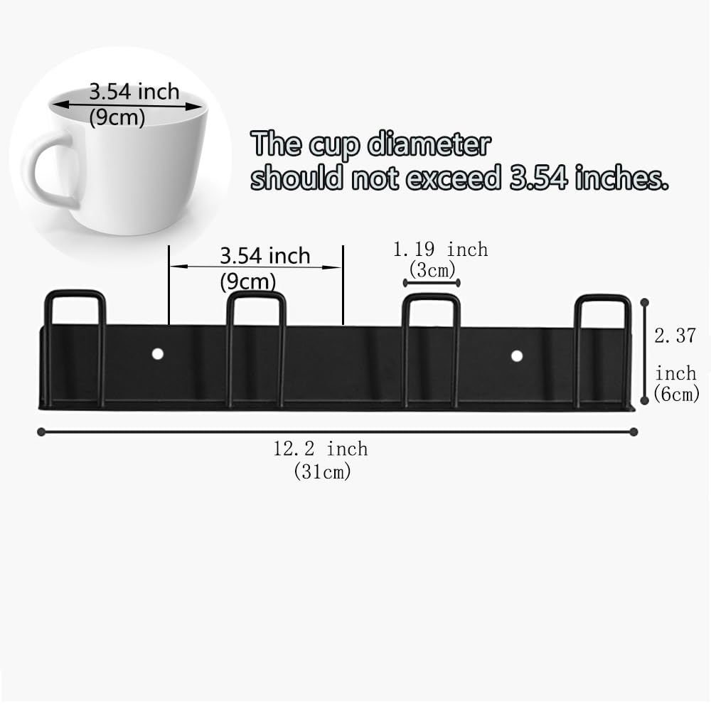 HQahnekme Mug Holder (2pcs) - Wall-Mounted Storage Hooks, Metal, 4 Cup Holders, Max 10kg Load, for Kitchen, Living Room, Office
