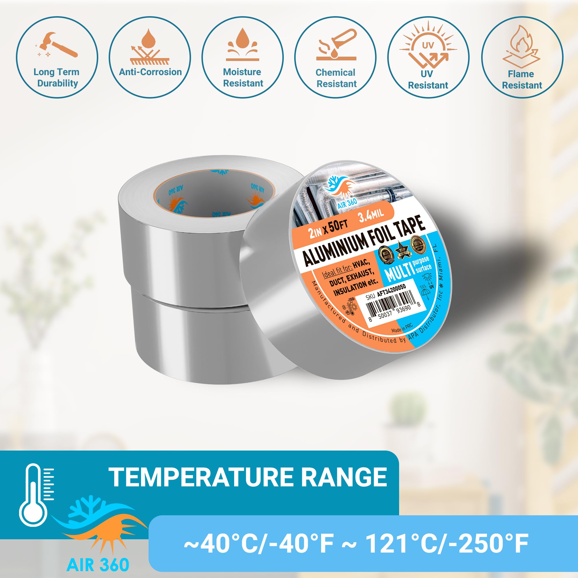 𝐏𝐫𝐢𝐦𝐞 𝐃𝐞𝐚𝐥: Aluminum 2" x 50 ft HVAC Weather Duct Tape, High Temp Waterproof Foil Tape for AC, Thick Fire Proof Cold Weather Metal Tape, Pipe Repair Heavy Duty Flex Duck Tape for Insulation