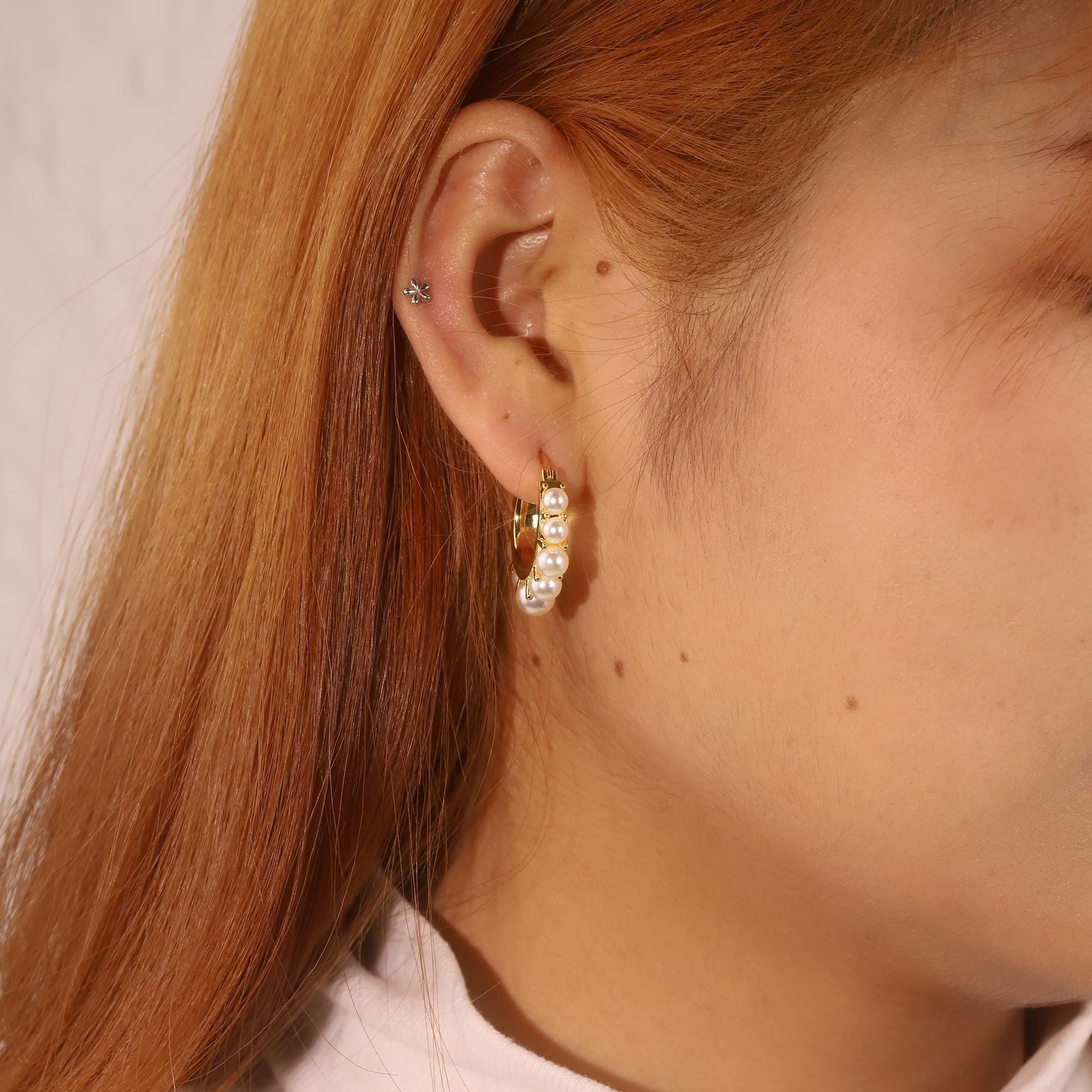 Lancharmed Gold Hoop Earrings with Pearl Twisted Small Hoops for Women Sterling Silver Post Small Pearl Huggie Hoop Earrings