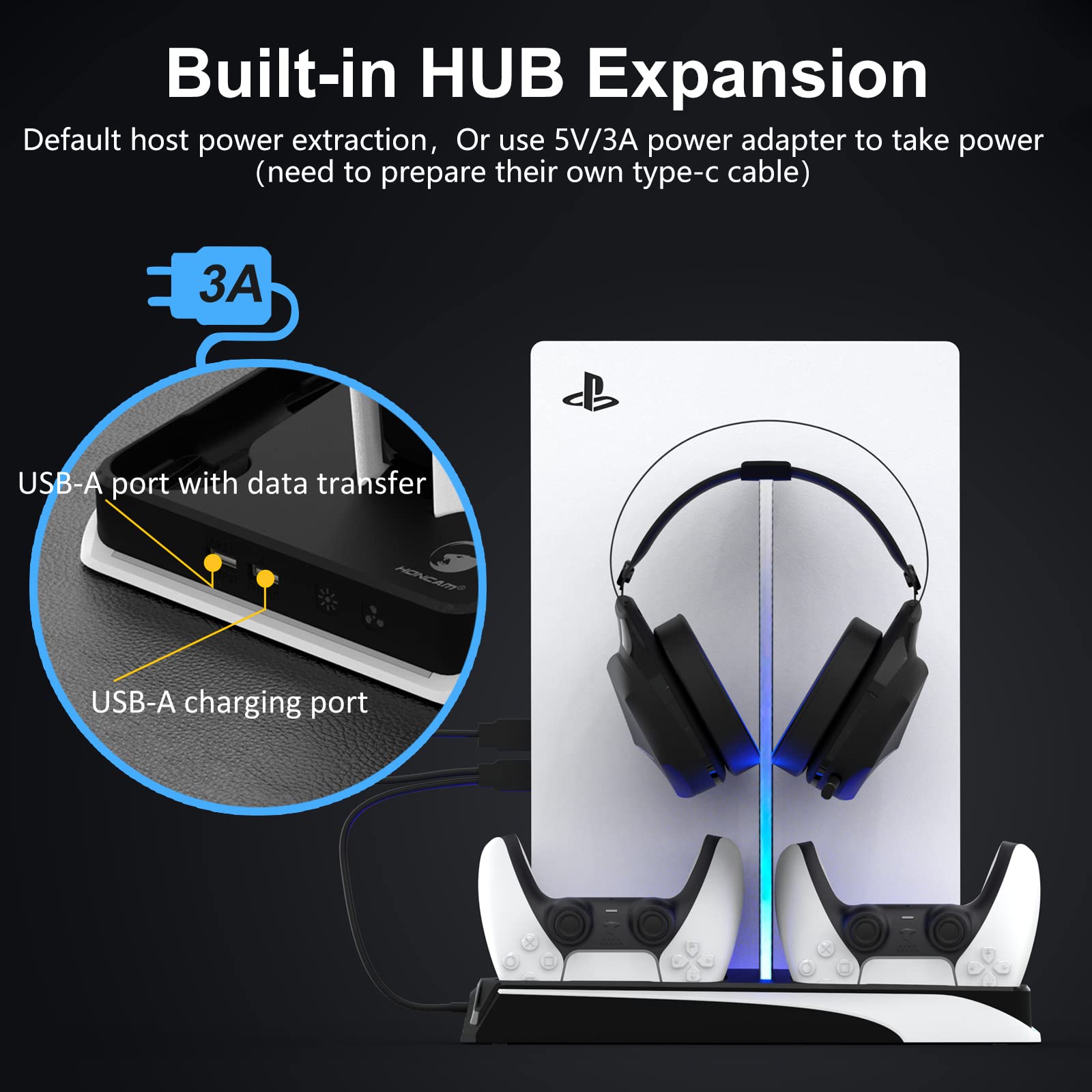 LANCUBE PS5 Stand with Cooling Station, PS5 Dual Controller Charging Station and LED Light for Playstation 5 Console Disc & Digital Edition, Cooling Fan, Headset Holder,12 Game Slots