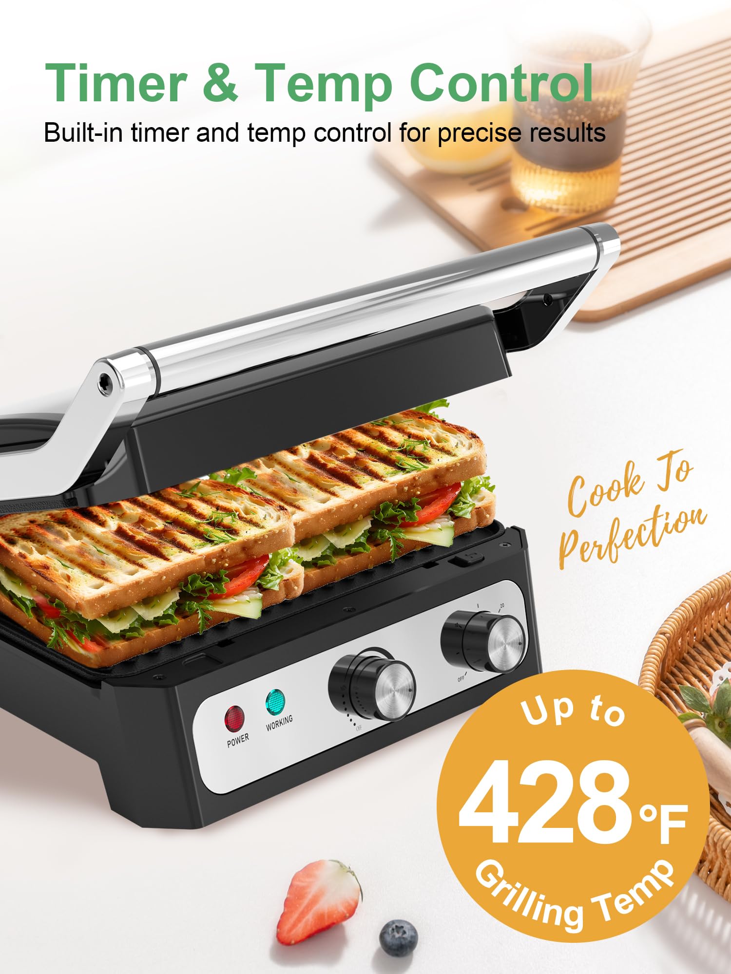 Panini Press Sandwich Maker - CACHOO Electric Indoor Grill with Temperature & Timer Control, 4-Slice Breakfast Sandwich Maker for Quesadillas, Burgers, Removable Plates with 180° Opening