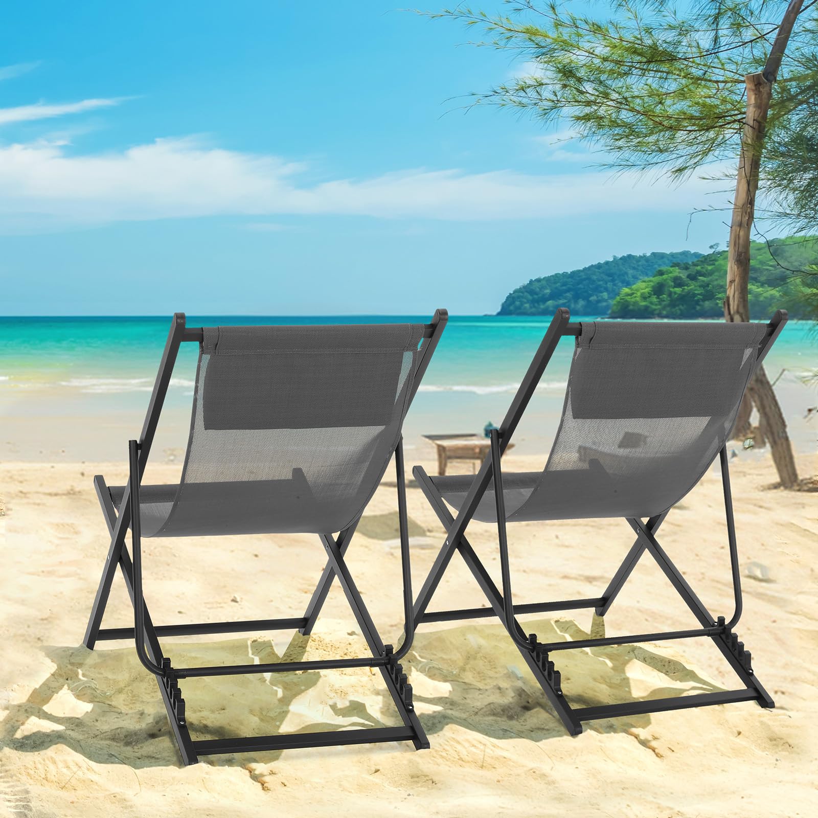 Menkxi 2 Pcs Patio Sling Chairs Outdoor Folding Poolside Chair with Pillow Adjustable 5 Levels Reclining Chairs Portable Beach Chairs Waterproof Breathable Mesh Aluminum Frame for Deck (Navy Blue)