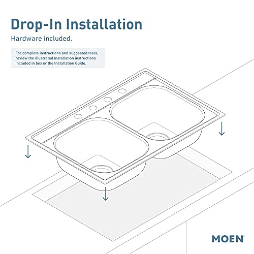 Moen GS182154Q 1800 Series 33-inch 18 Gauge Drop-in Double Bowl Stainless Steel Kitchen Sink, 7-inch Depth, Featuring QuickMount