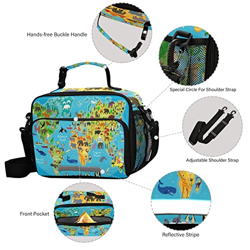 Kids Animal World Map Lunch Box Reusable Insulated School Lunch Bag Cooler Cooling Lunch Tote Bag for Boys,Girls,Travel,Picnic(2021925)