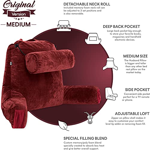 Husband Pillow Combo - Backrest Pillow with Arms : Medium Maroon & Foldable Laptop Tray : Brown - Memory Foam Reading Pillows for Bed w/Removable Neck Roll & Laptop Bed Tray Table