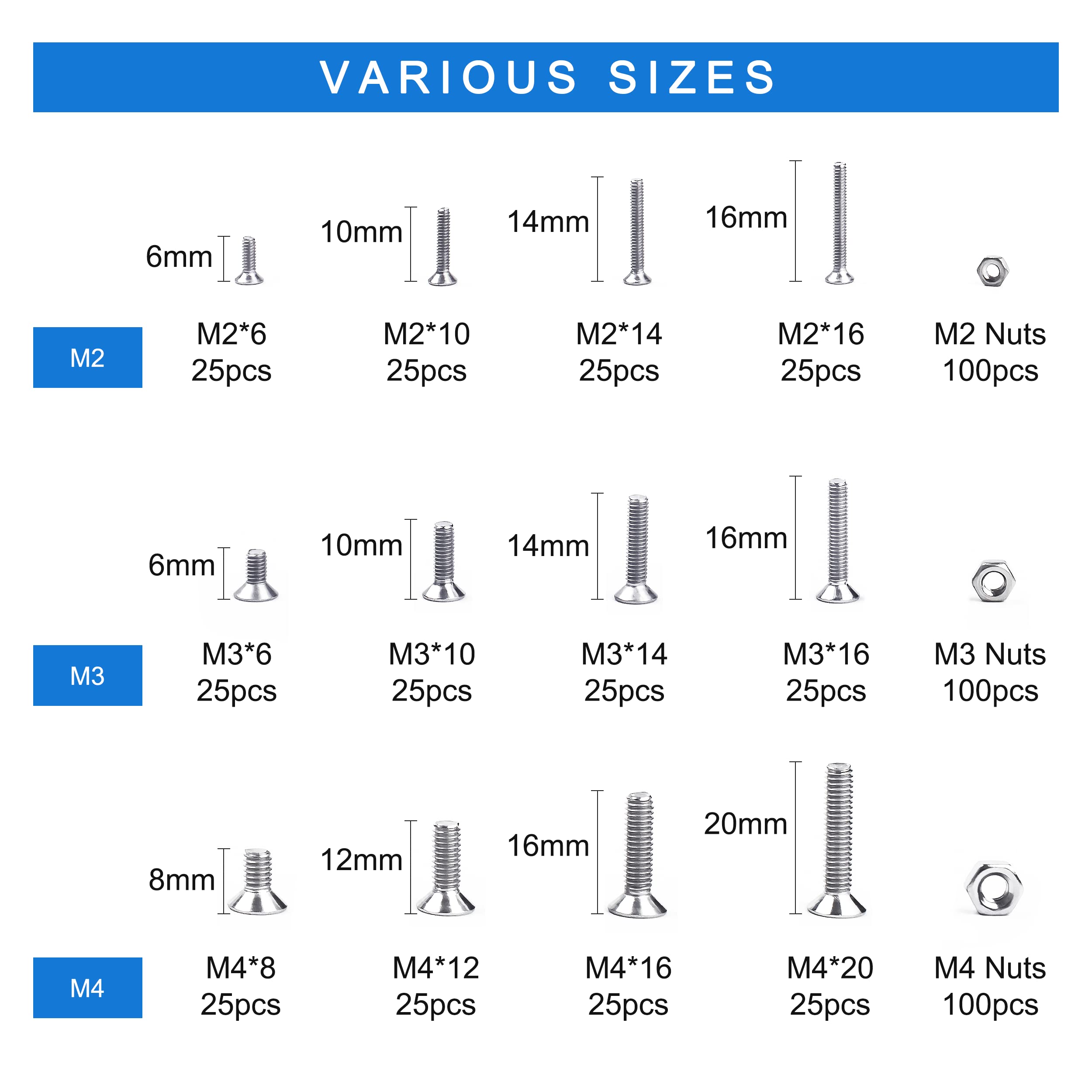 MEIYYJ 600pcs Metric M2 M3 M4 Flat Head Screws, 304 Stainless Steel Flat Head Countersunk Socket Cap Bolts Screw Nuts Assortment Kit, Allen Socket Drive
