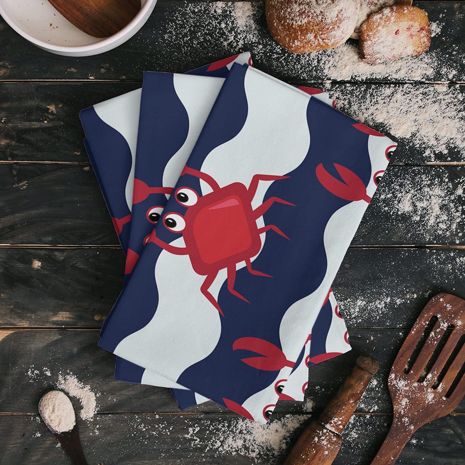 Kitchen Dish Towels 2 Pack-Super Absorbent Soft Microfiber,Cartoon Crab on Stripes Cleaning Dishcloth Hand Towels Tea Towels for Kitchen Bathroom Bar