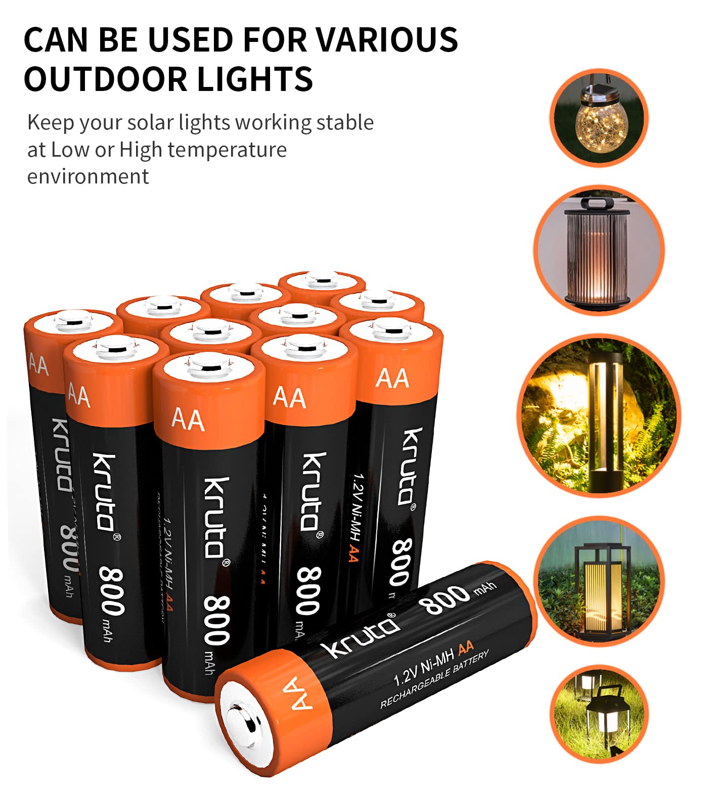 Kruta NiMH Rechargeable AA Batteries, 1.2V 800mAh Rechargeable AA Solar Batteries for Outdoor Solar Lights and Household Devices, Pre-Charged (AA Pack 8)