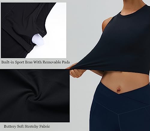 Oalka Women's High Neck Longline Sport Bras Padded Workout Crop Tops Yoga Tank Tops Black XXL