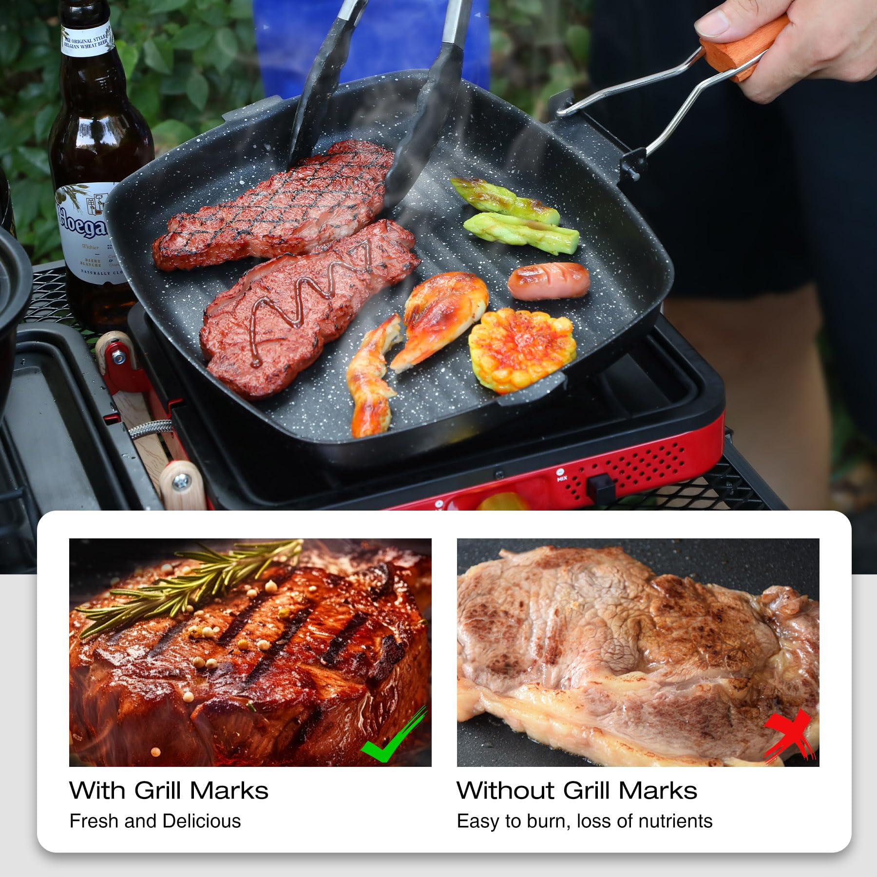 REDCAMP Nonstick Grill Pan with Folding Handle for Stove Tops, Versatile Griddle with Pour Spouts, Durable Skillet Indoor & Outdoor Grilling, Black Steak Pan, Compatible with All Stovetops,11(L)x9(W)