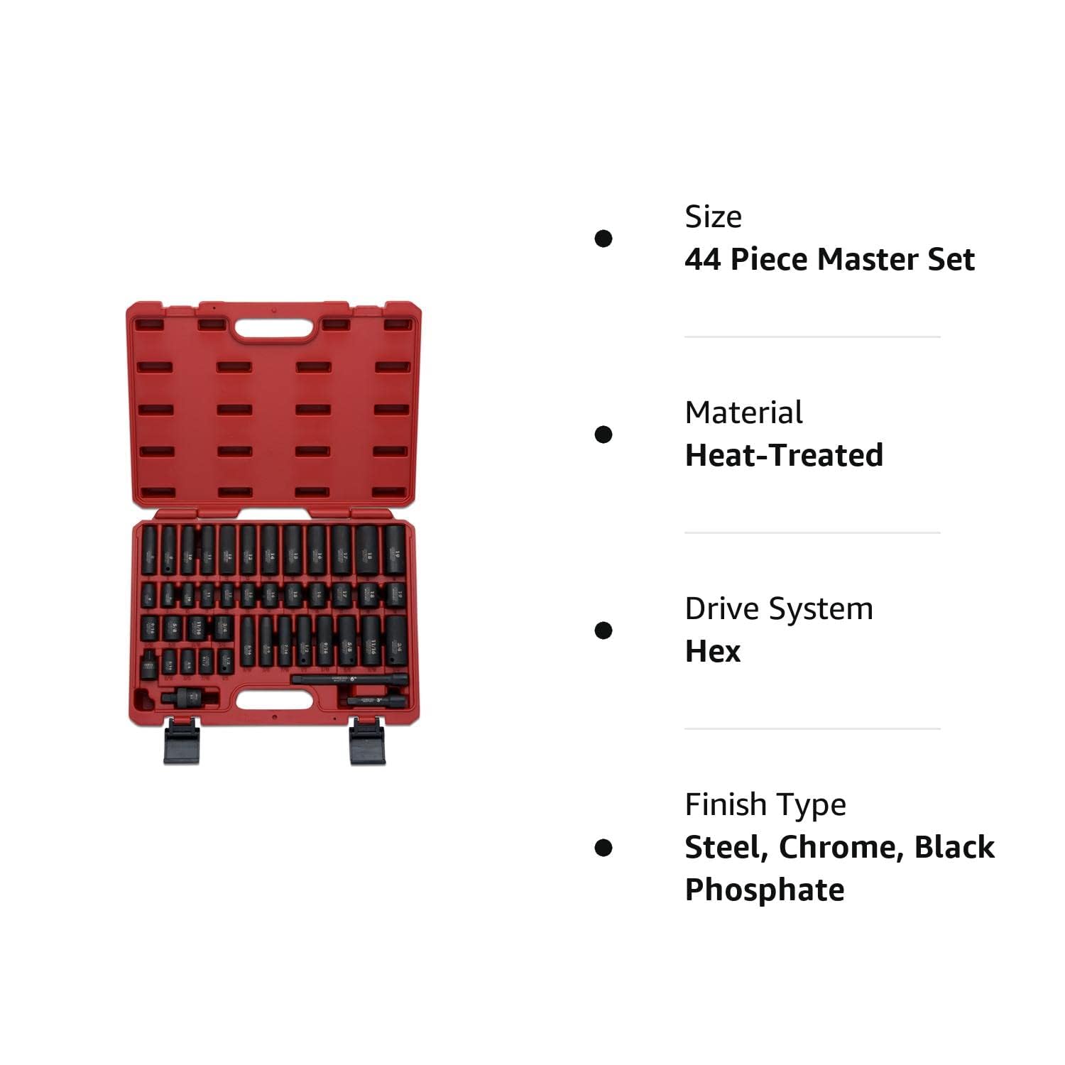 NEIKO 02440A 3/8-Inch-Drive Impact Socket Set, SAE Sizes 5/16" to 3/4" and Metric Sizes 8 mm to 19 mm, Includes Extension Bars and U-Joint, 44 Pieces