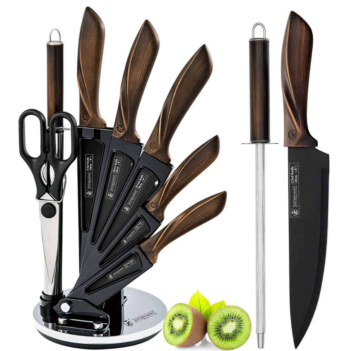 Kitchen Knife Set, 8-Piece Knife Sets for kitchen with Block and Sharpener Rod, High Carbon Stainless Steel Sharp Chef Knife Block Set Black Nonstick Coating & Ergonomic Handle