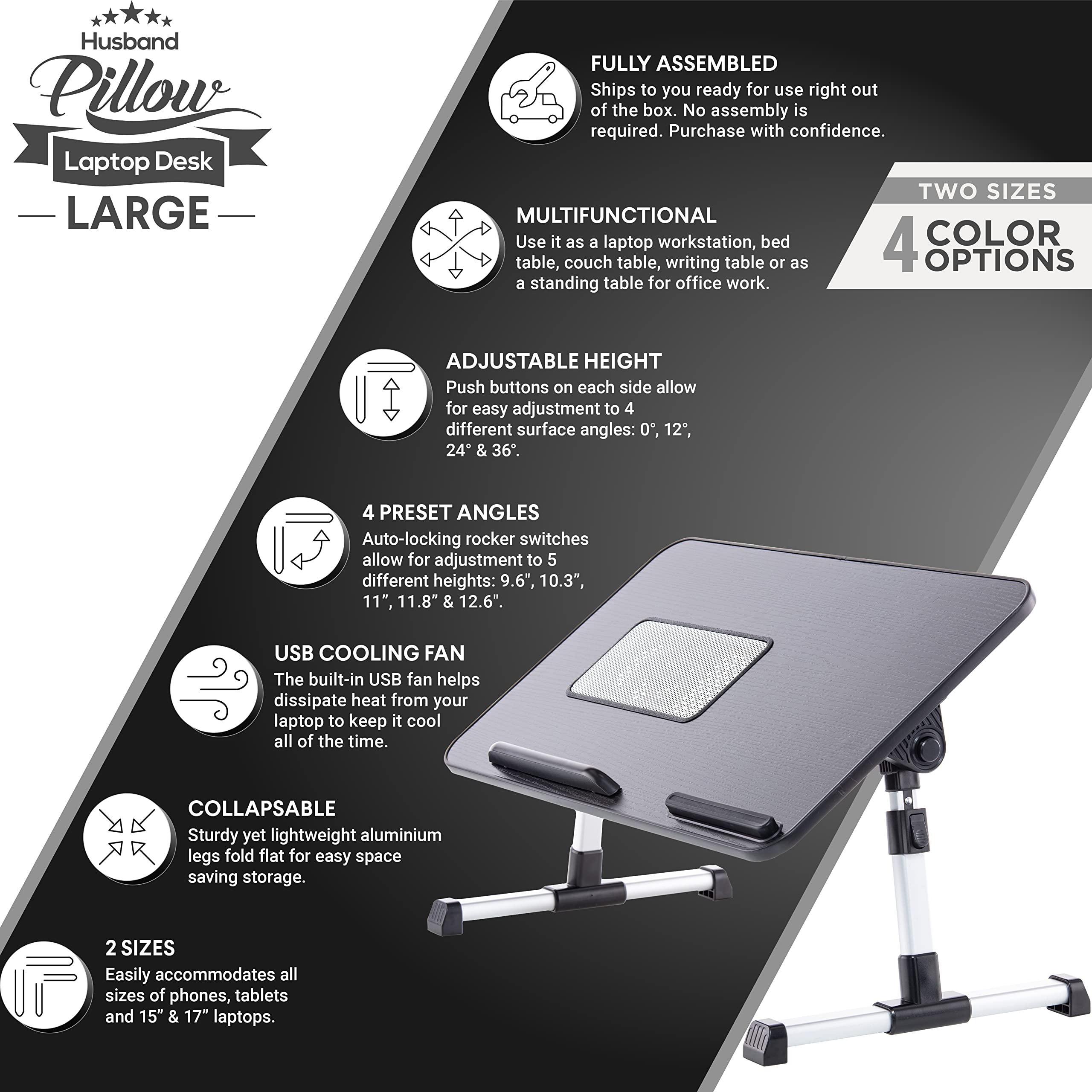 Husband Pillow Combo - Backrest Pillow with Arms : Medium Mauve Purple & Lap Desk Bed Tray : XXL Black - Aspen Memory Foam Reading Pillows for Bed w/Removable Neck Roll & Laptop Bed Tray Table