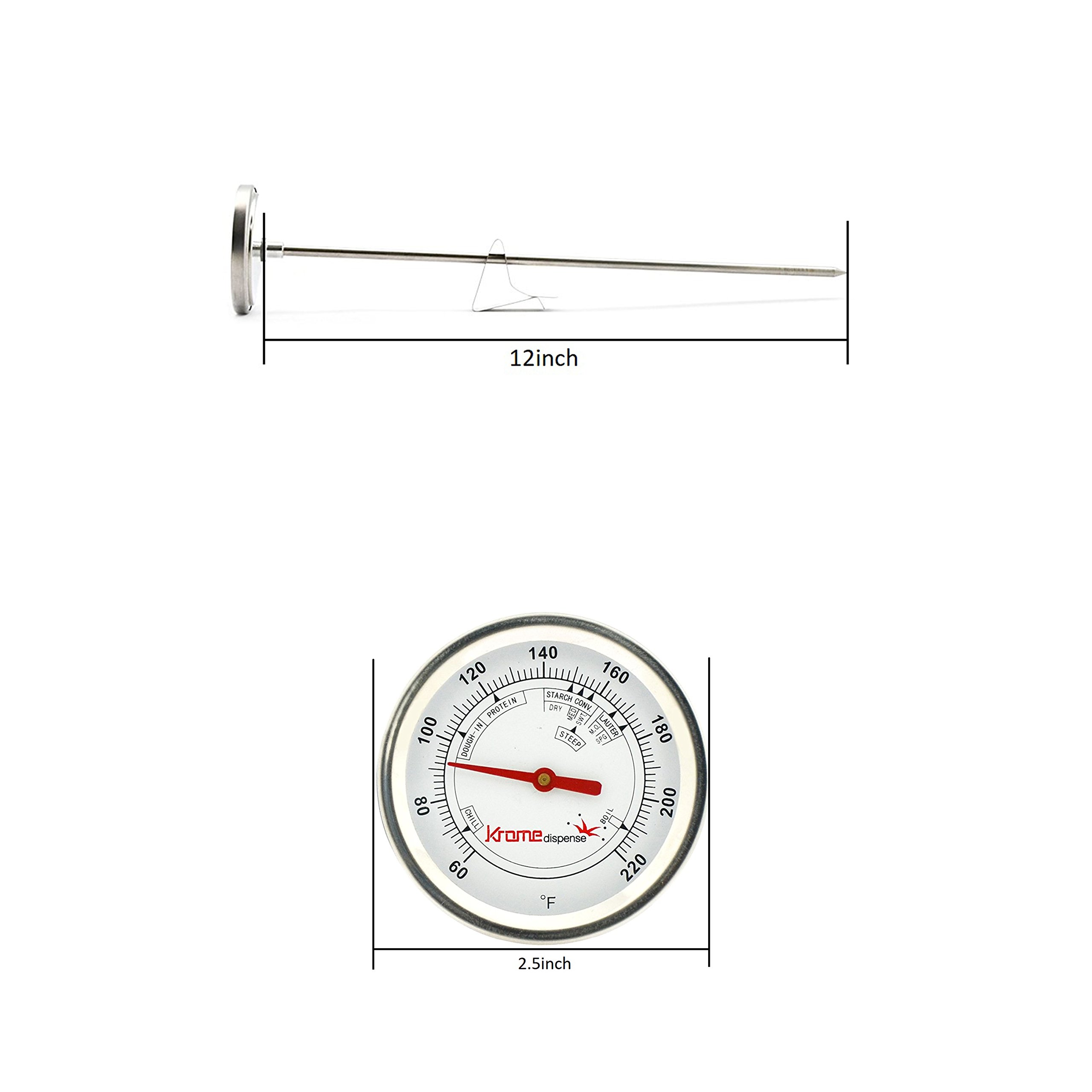 Krome Stainless Steel Instant Read Beverage and Frothing 2.5" Dial Thermometer, 12" Stem - C6912