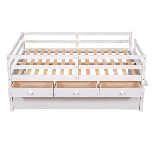ODC Low Loft Bed with Trundle Bed and 3 Storage Drawers, Multifunctional Full Size Loft Bed with Climbing Ladder, Solid Wood Bed Frame with Full Safety Fence for Kids Boys Girls