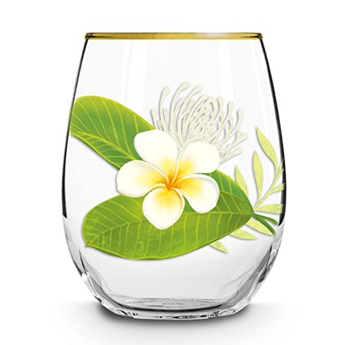 Island Heritage Hawaiian Coastal Tropical Glassware Stemless Wine Glass (Plumeria)