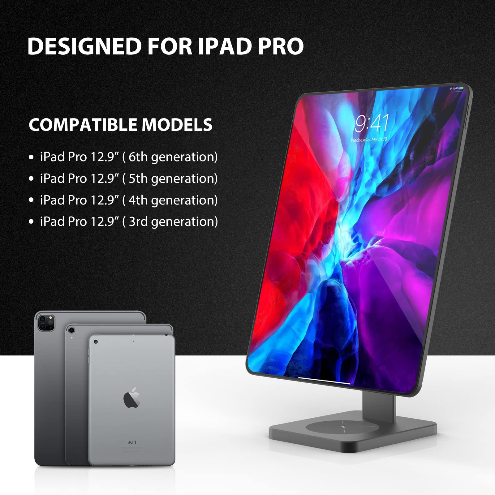 KU XIU 2 in 1 Magnetic iPad Pro Stand with Fast Wireless Charging Base,Adjustable Rotation Floating Tablet Holder for Desk,Aluminum Dock for iPad Pro 12.9 3rd/4th/5/6th Generation