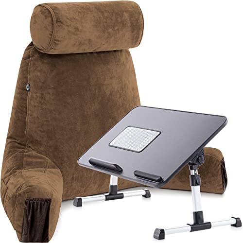 Husband Pillow Combo - Backrest Pillow with Arms : Medium Chocolate & Lap Desk Bed Tray : Black - Memory Foam Reading Pillows for Bed w/Removable Neck Roll & Laptop Bed Tray Table