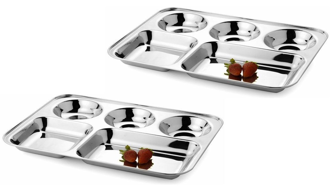 Khandekar Stainless Steel Five Compartment Rectangle Plates, Dinner Plate Set of 4 - Silver