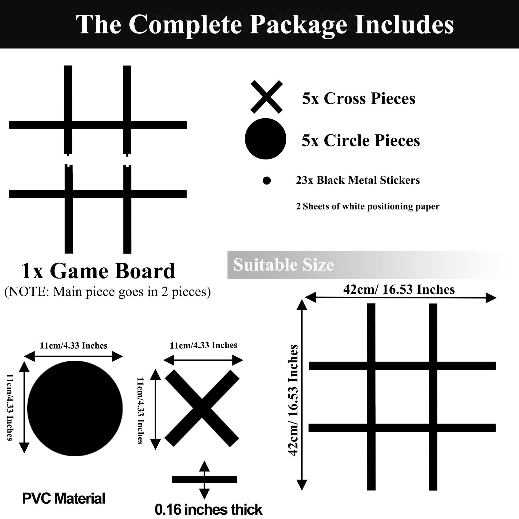 Magnetic Tic Tac Toe Game, Wall Art for Kids Room, Playroom Wall Decor for Boys & Adults(Black PVC)