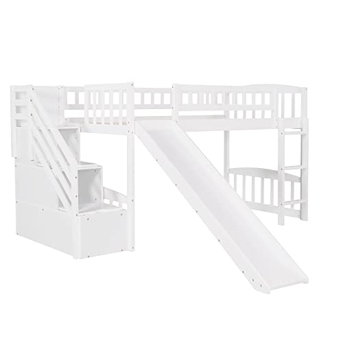 ODC Twin Size Loft Bed with 2 Drawers and Slide for Kids, Solid Wood Loft Bed Frame with Storage, Low Loft Bed with Slide, Ladder and Security Guardrail for Kids Girls Boys Teens