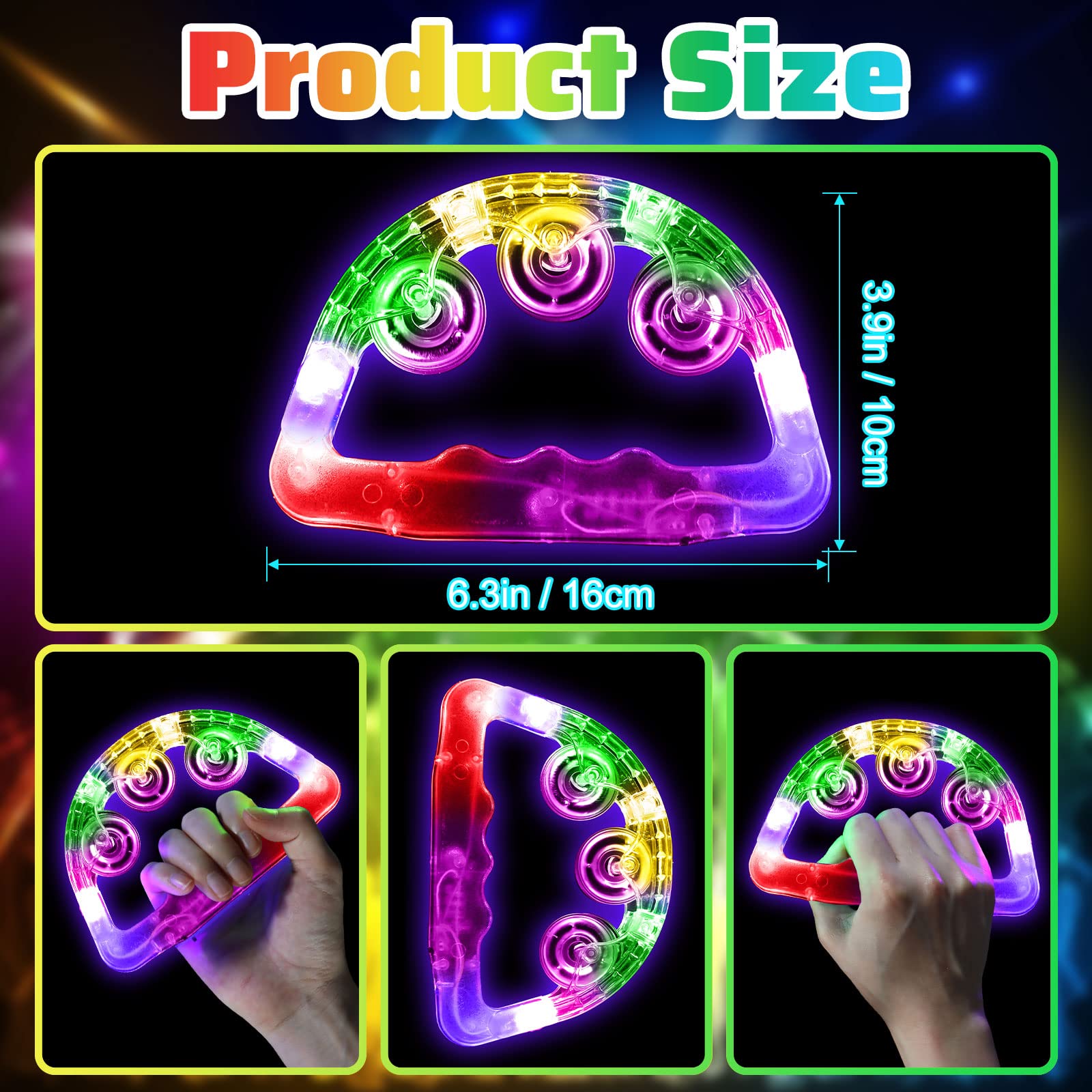 Jerify 50 Pcs Light up Tambourine LED Flashing Tambourine Glow Musical Tambourine Handheld Percussion Instrument in Bulk for Carnival Wedding Party