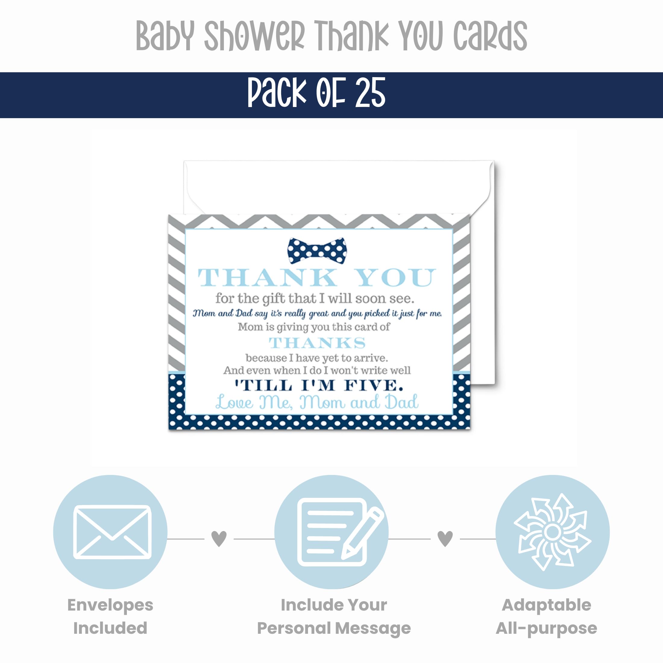 Paper Clever Party 25 Bow Tie Baby Thank You Cards Pack β Boys Baby Shower Notes with Envelopes, Prefilled Message, Customizable Blank Stationery, Adventure Theme, New Parents Gift Ideas